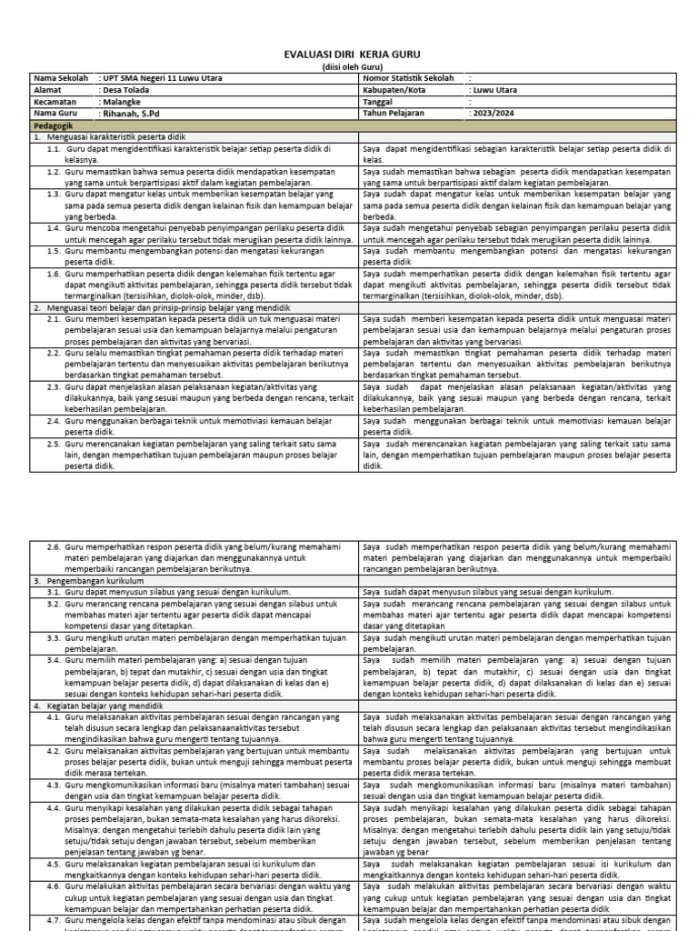 Daftar Evaluasi Diri Kerja Guru | PDF
