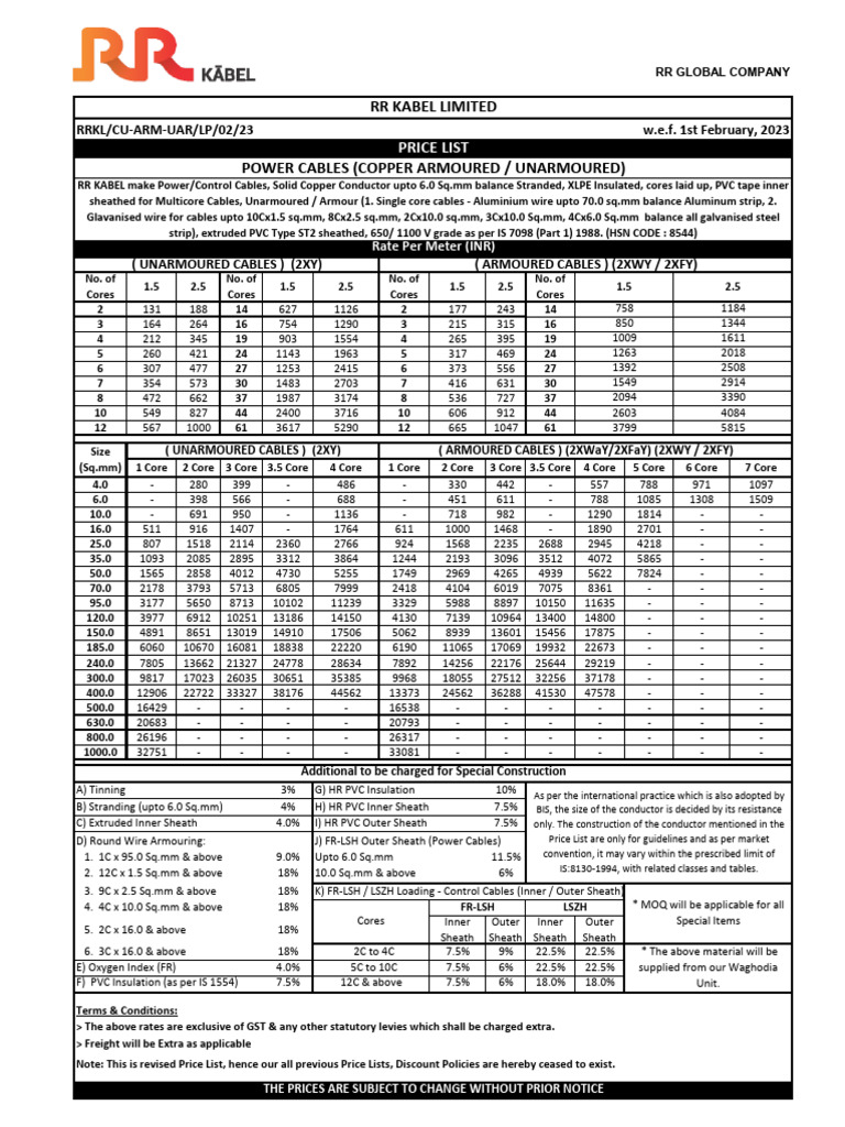 RR KABEL Price List - LT HT Cables - 01st February 2023 | PDF | Wire ...