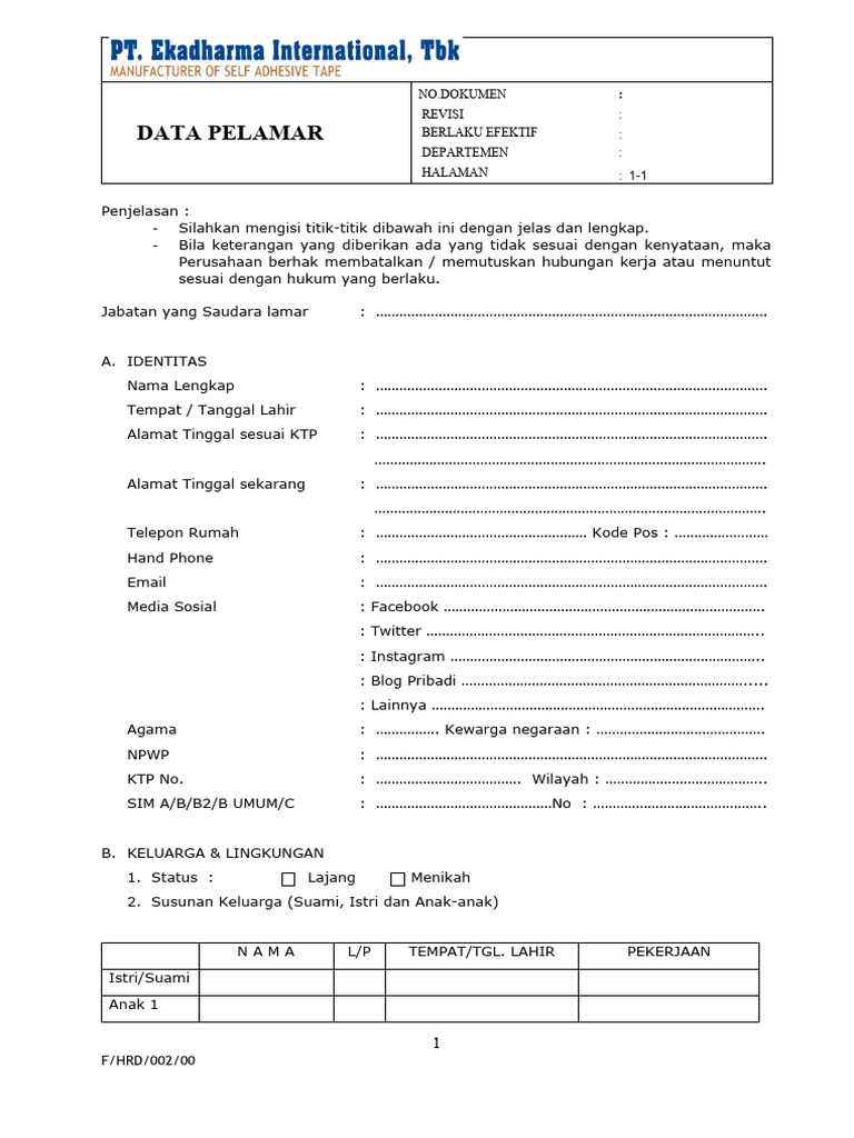 Formulir Data Pelamar Kerja | PDF | Karier & Perkembangan