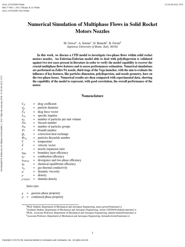Grossi Et Al 2022 Numerical Simulation of Multiphase Flows in Solid Rocket Motors Nozzles | PDF ...