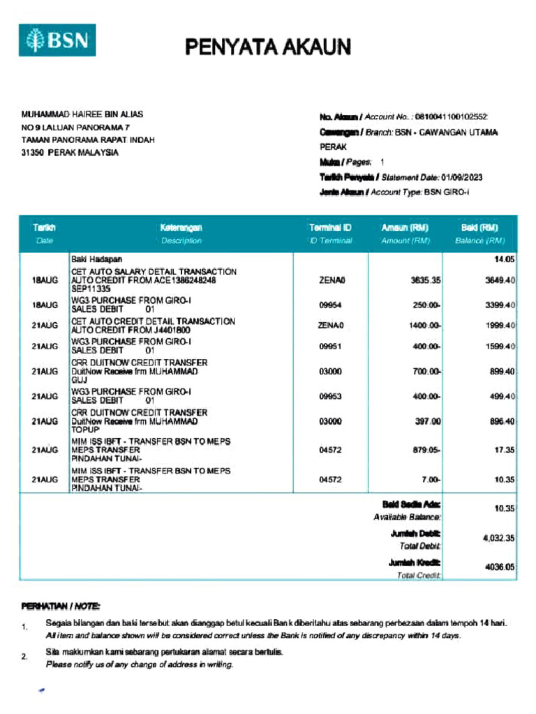 BSN Giro-I Account Statement Summary | PDF | Banking Technology ...