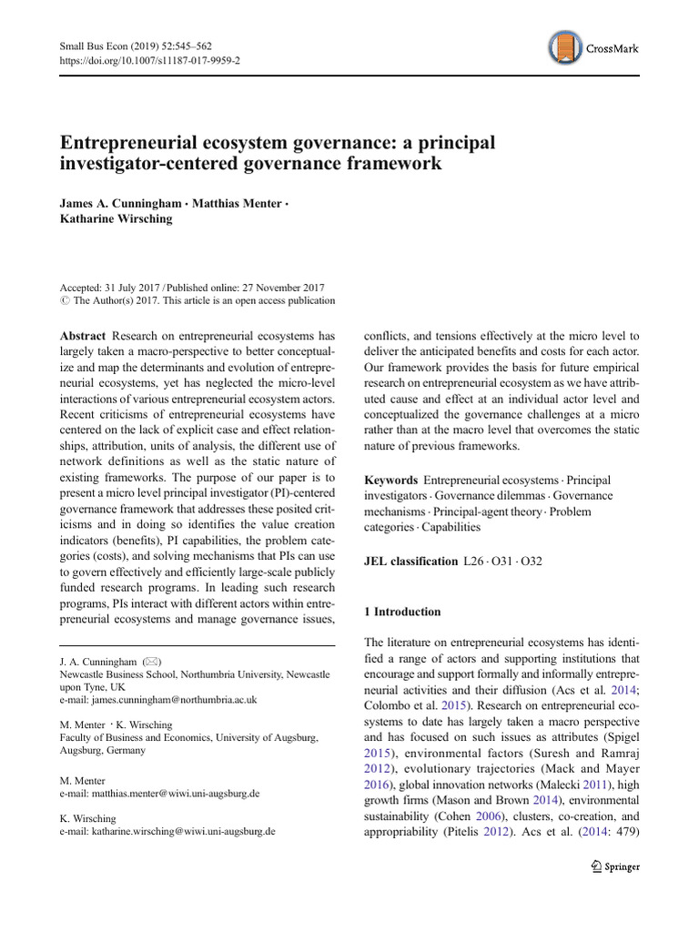 Entrepreneurial Ecosystem Governance-A Principle Investigator-Centered ...