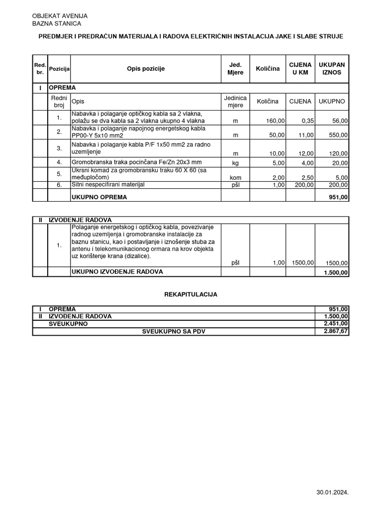 AVENIJA Bazna Stanica BH Telecom - Predmjer 30.01.2024. | PDF
