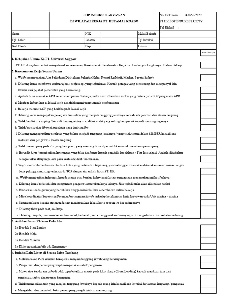 SOP Induksi Safety PT Hutamas Koado | PDF