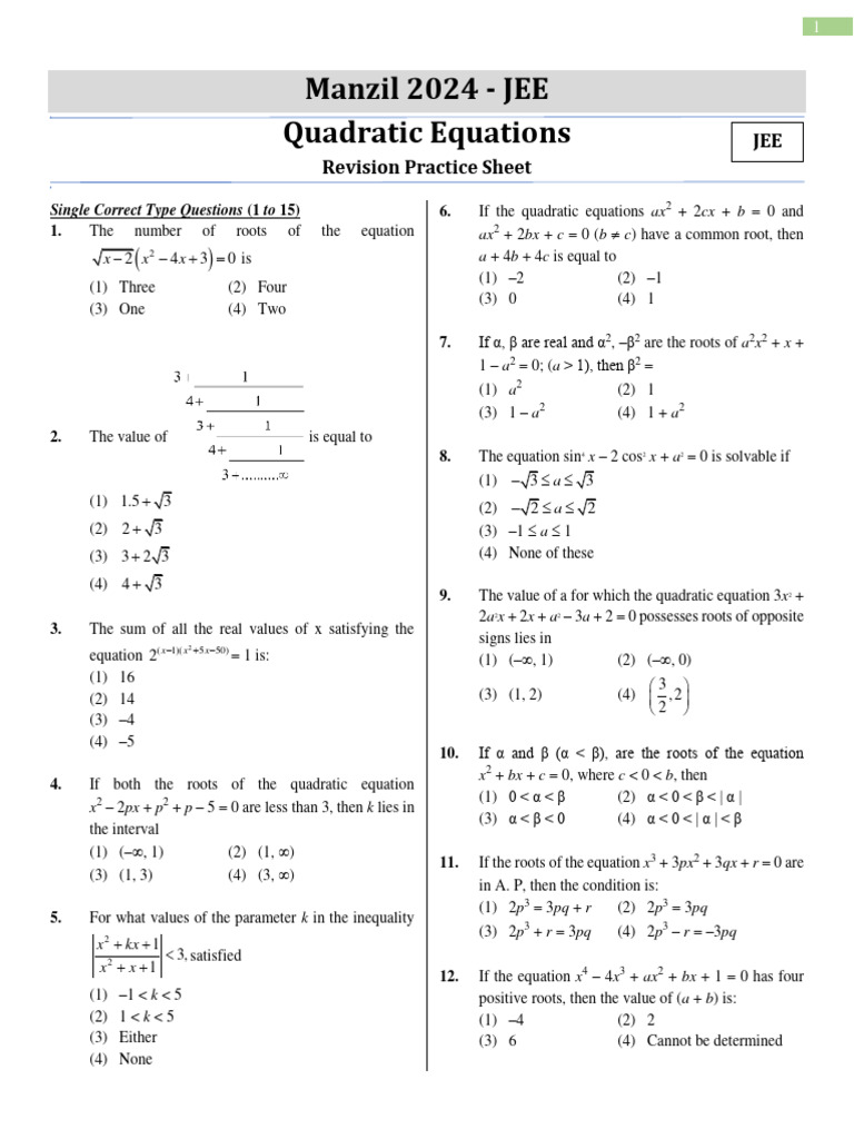 Quadratic Equations - Practice Sheet | PDF | Mathematical Relations ... Quadratic Equations - Practice Sheet | PDF | Mathematical Relations ...