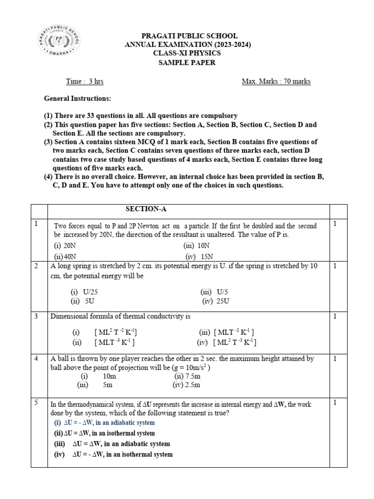 Annual Xi Sample Paper 23-24 | PDF | Waves | Temperature