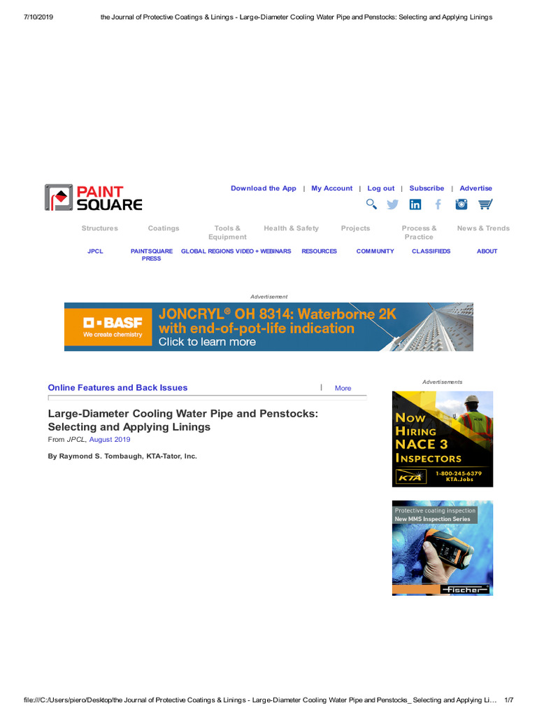 The Journal of Protective Coatings & Linings - Large-Diameter Cooling Water Pipe and Penstocks ...