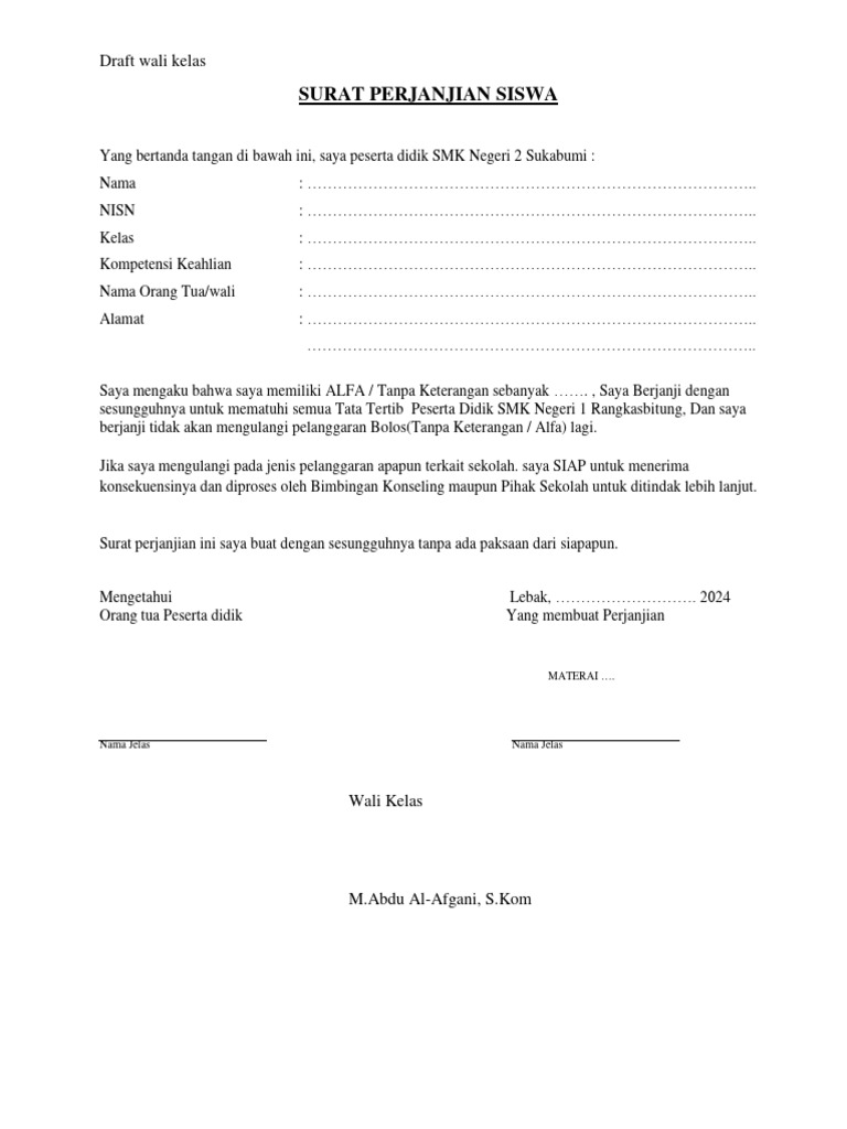 Surat Perjanjian Siswa Walas | PDF