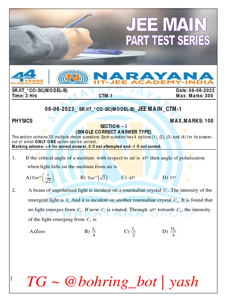 JEE Main Physics Model Test Paper | PDF | Optics | Chemistry