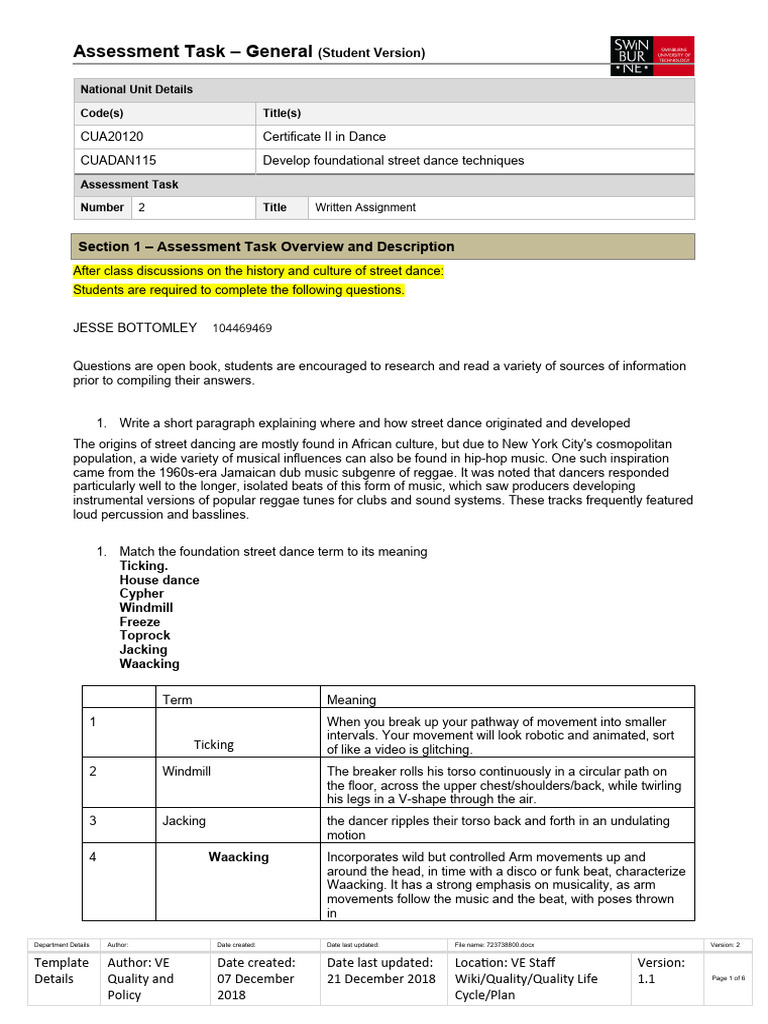 CUADAN115 Written Assignment | PDF | Dance Music | Dances