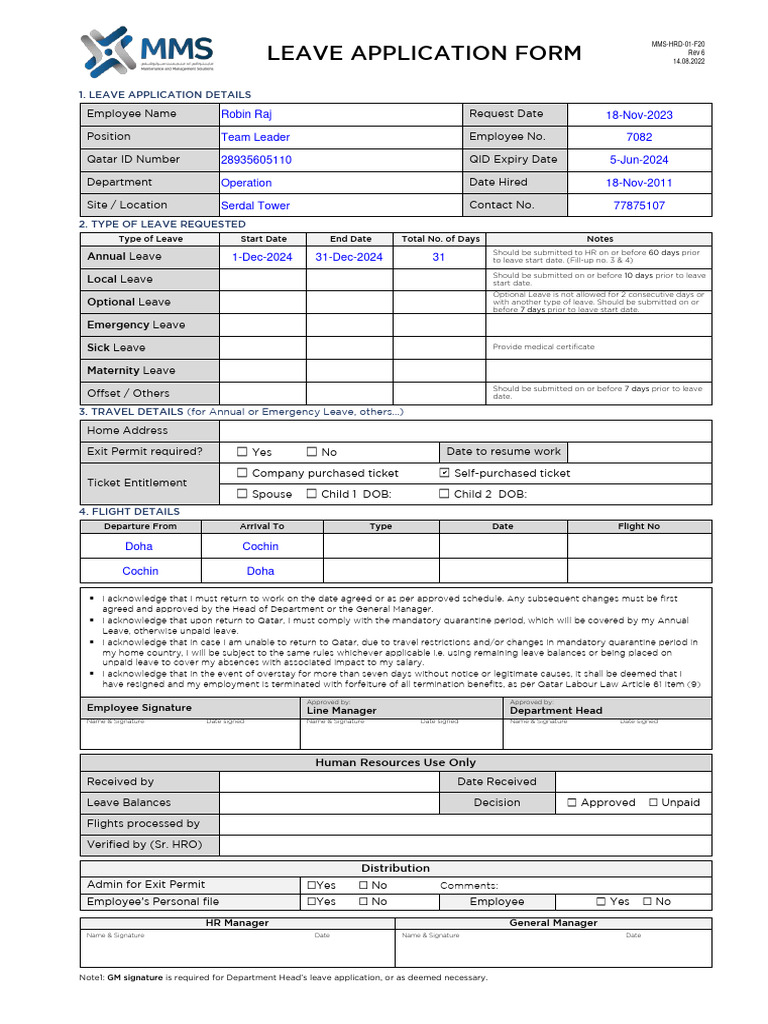 MMS-HRD-01-F20 Leave Application Form (Rev 6) - Editable | PDF ...