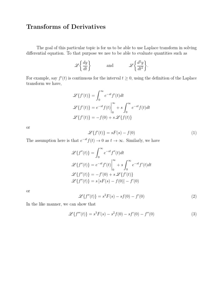 Transforms of Derivatives | PDF | Laplace Transform | Mathematical Relations