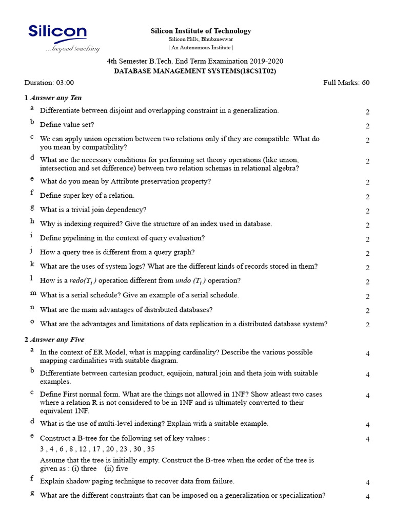 Database Management Systems (18CS1T02) - End-Term Exam - 2019-2020 ...