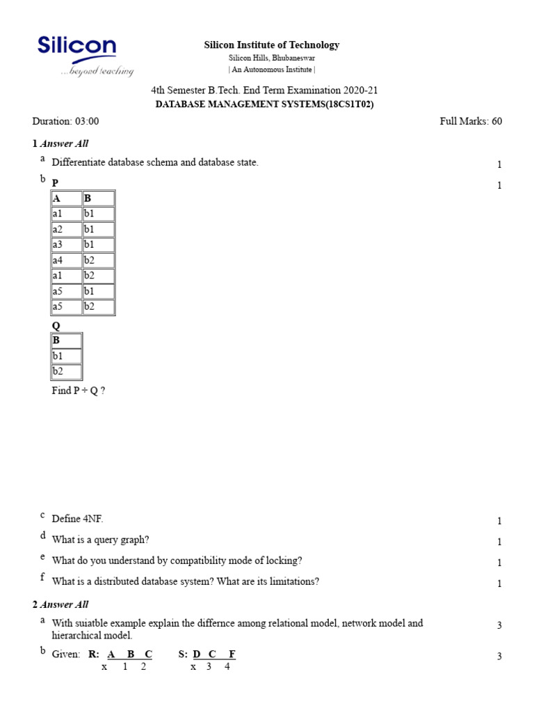DATABASE MANAGEMENT SYSTEMS (18CS1T02) - End Term Exam - 2020-2021 ...