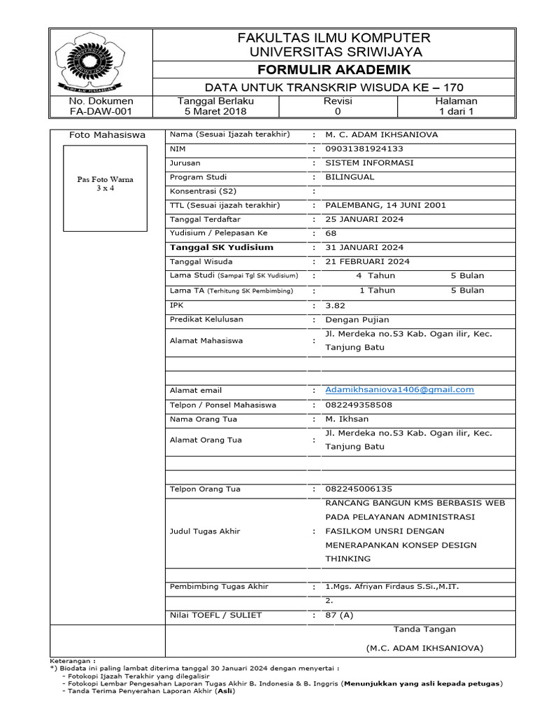 Transkrip Wisuda S2 Sistem Informasi | PDF