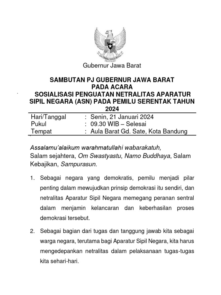 21.01.2024 - Sambutan Pj. Gub - Sosialisasi Penguatan Netralitas Aparatur Sipil Negara (ASN ...
