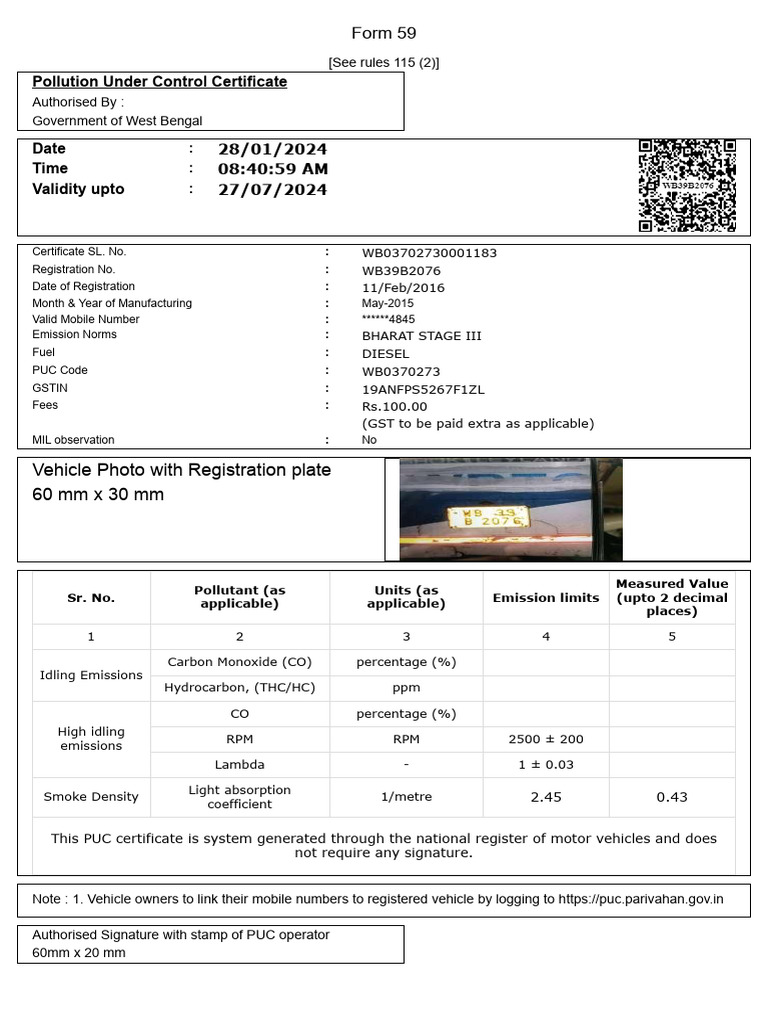 Pollution Under Control Certificate: Form 59 | PDF | Exhaust Gas ...