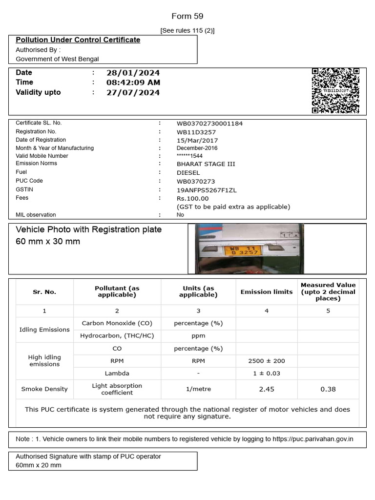 Pollution Under Control Certificate: Form 59 | PDF | Exhaust Gas ...