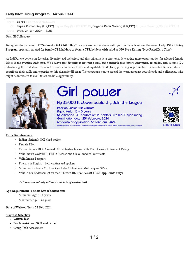 6E Lady Pilot Hiring Program | PDF