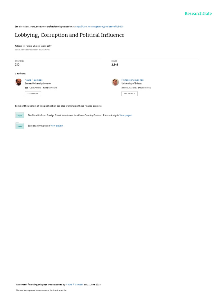 Lobbying Corruption and Political Influence | PDF | Corruption | Bribery