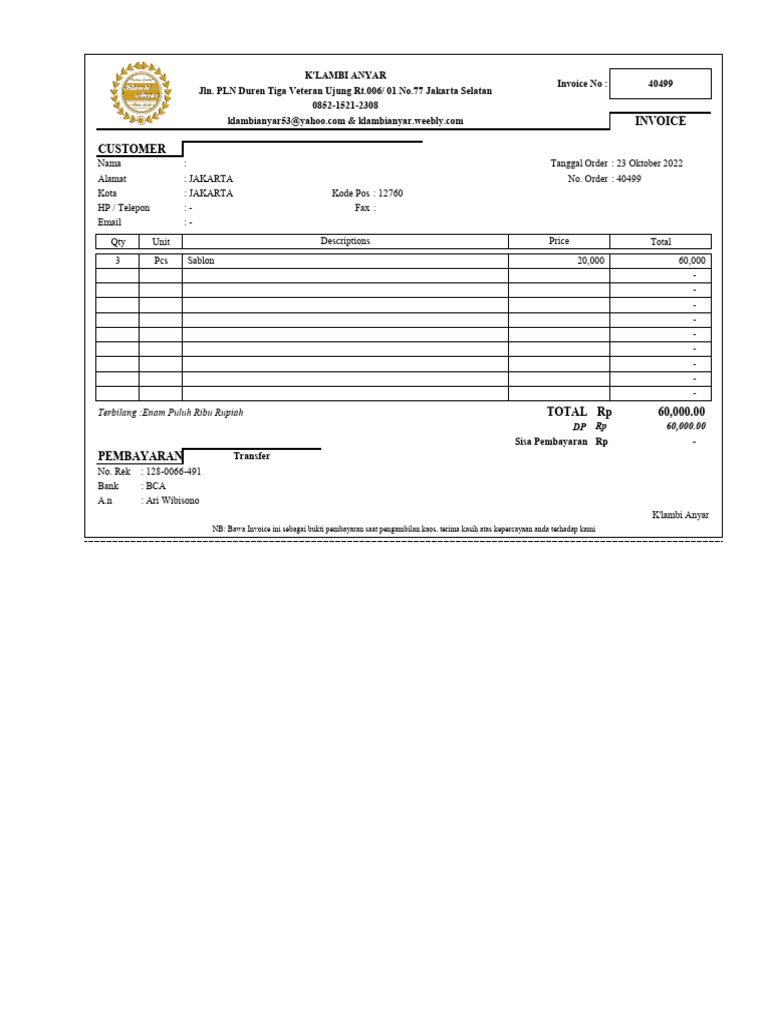 Invoice Pembayaran Kaos Jakarta | PDF