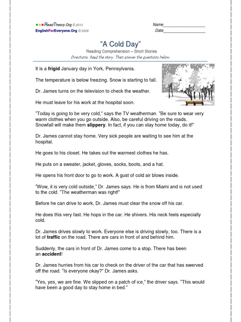 Cold Day Reading Comprehension Exercise | PDF