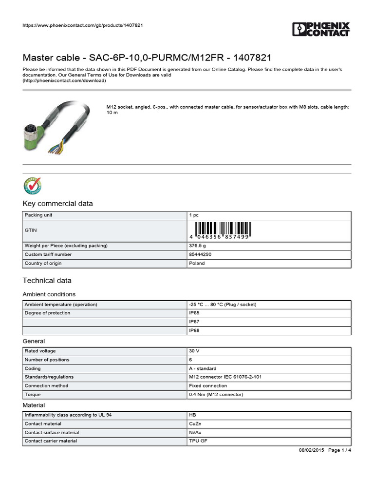 Master Cable Datasheet | PDF | Electrical Connector | Insulator ...