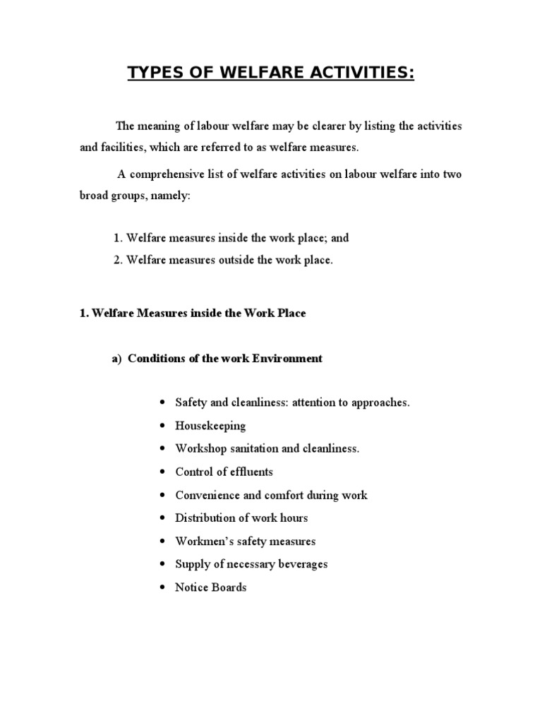 Types of Welfare Activities | PDF | Welfare | Child Care