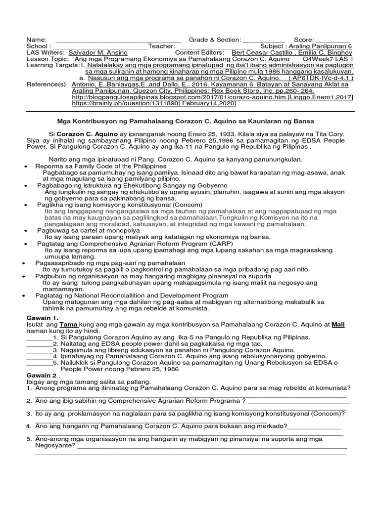 Ap 6 Quarter 4 Week 7 Las 1 | PDF