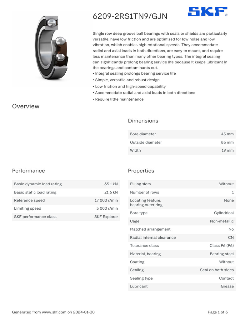 SKF 6209-2RS1TN9 - GJN Specification | PDF | License | Bearing (Mechanical)