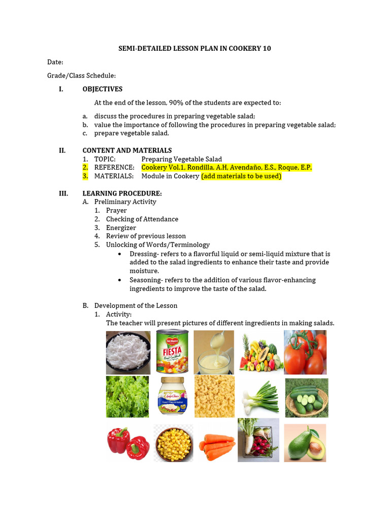 Lesson Plan in Cookery 10 | PDF