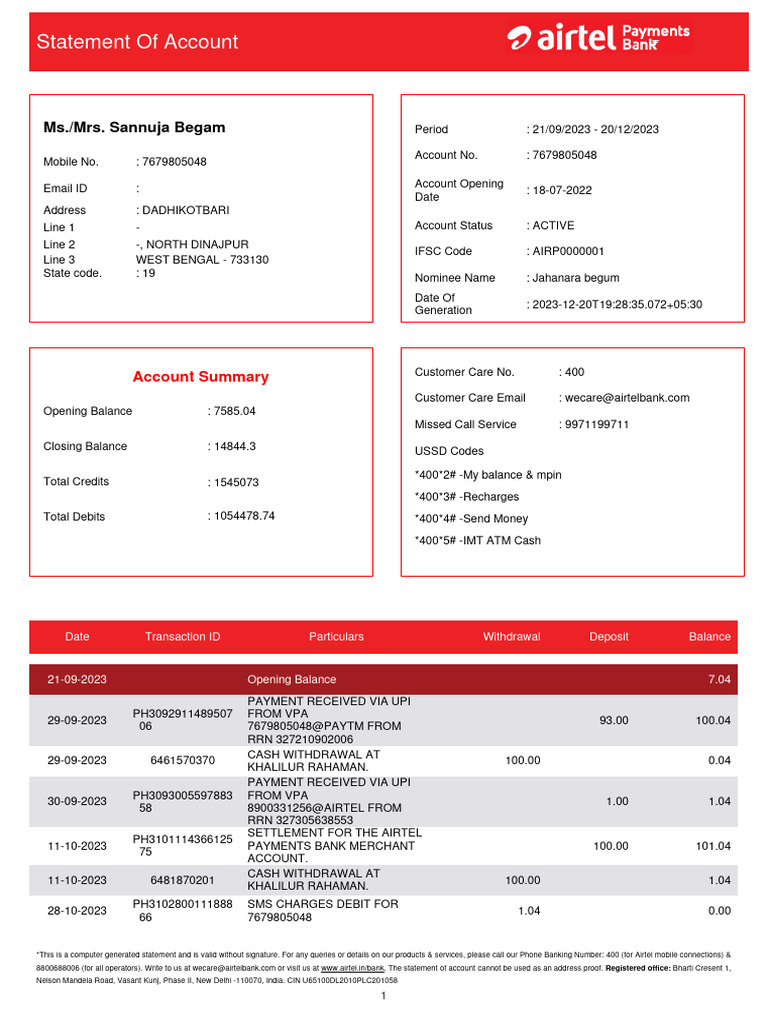 AirtelPaymentsBank XXXXXX5048 | PDF | Banks | Cash