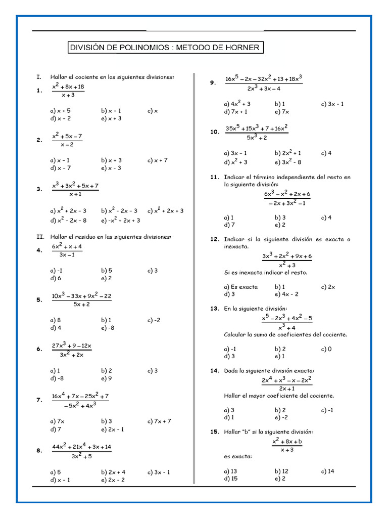 DIVISIÓN DE POLINOMIO METODO DE HORNER (PARTE 1) | PDF | Álgebra ...