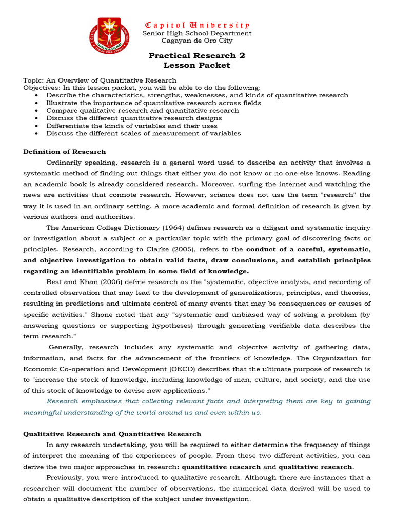 Week 1 Lesson Packet (PR2) | PDF | Survey Methodology | Quantitative Research