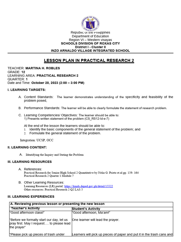COT 1 LP Presents Written Statement of The Problem | PDF | Learning | Behavior Modification