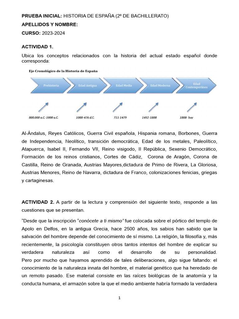 Prueba Inicial Historia de España 2º Bachillerato | PDF | España