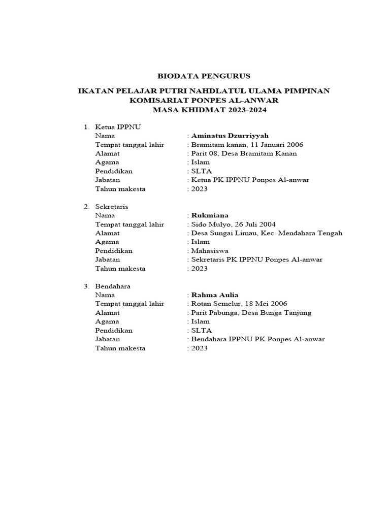 Biodata Pengurus PC Ippnu 2023-2025 | PDF