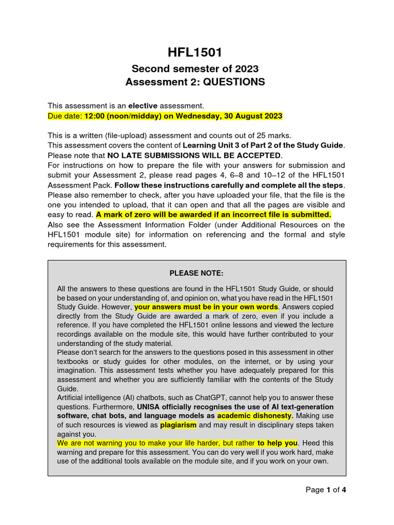 HFL1501 Assessment 2 Questions Guide | PDF
