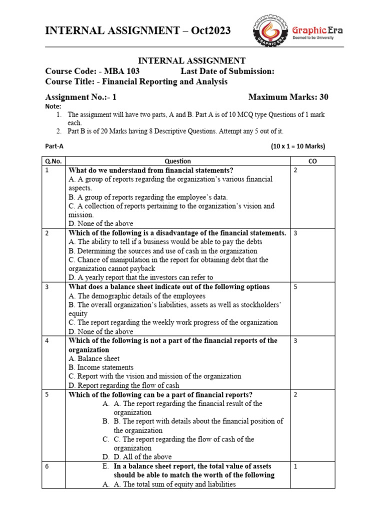 MBA 103 Financial Reporting Assignment | PDF | Equity (Finance) | Financial Statement