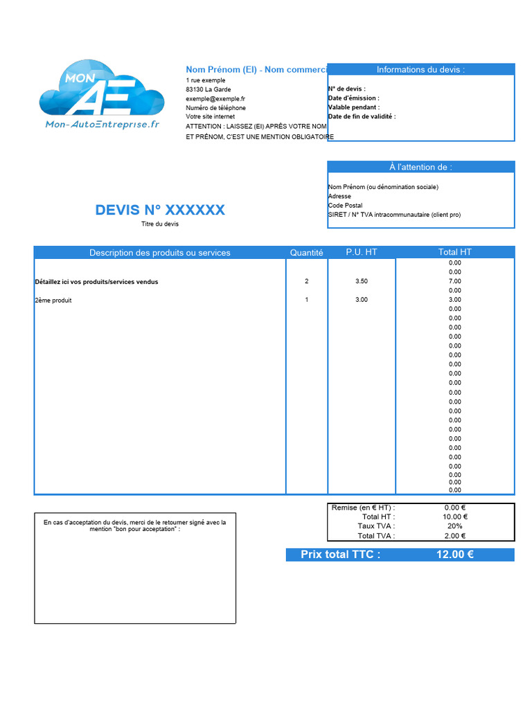 Modele Devis Auto Entrepreneur Gratuit Avec TVA | PDF | Micro ...