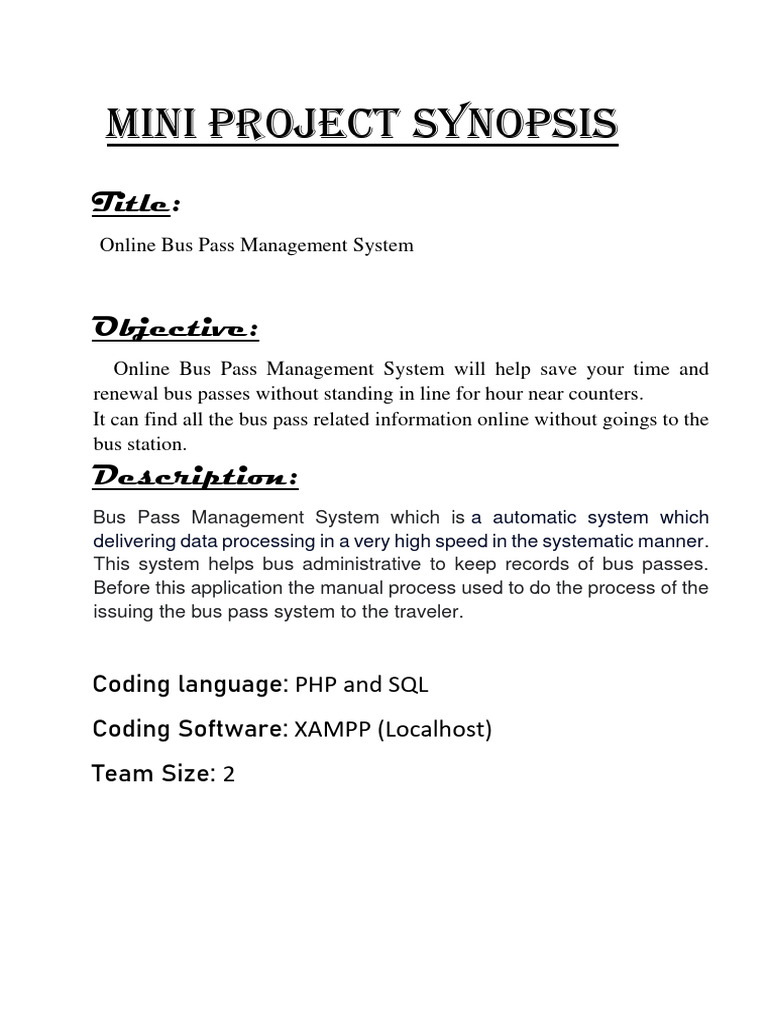 Mini Project Synopsis - Bus Pass | PDF