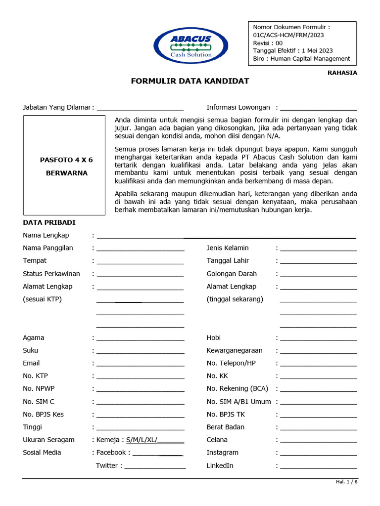C. Formulir Data Kandidat | PDF | Pengelolaan Keuangan & Uang