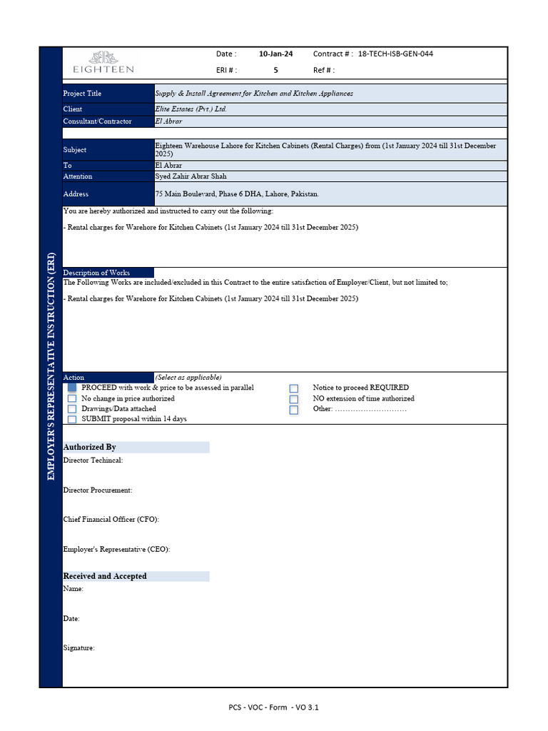 Variation Order No - 05 (Rentral Charges For Ware House From 1st of Jan-2024 To 31st Dec-2025 ...