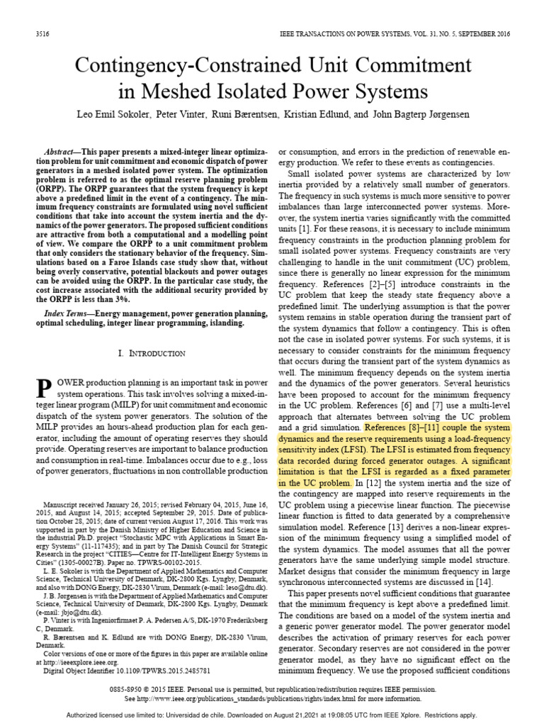 Contingency-Constrained Unit Commitment in Meshed Isolated Power Systems | PDF | Ordinary ...