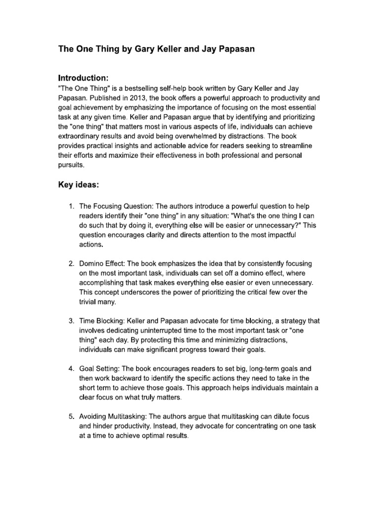 The One Thing by Gary Keller and Jay Papasan | PDF