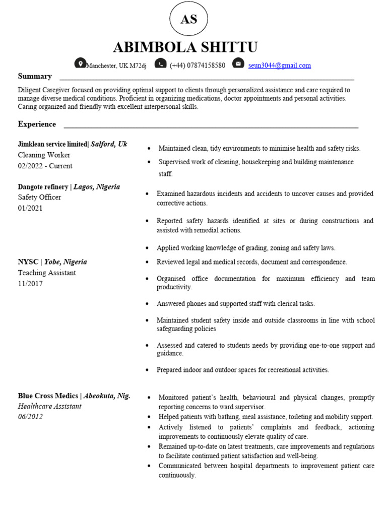 Abimbola Shittu CV | PDF | Patient | Health Care