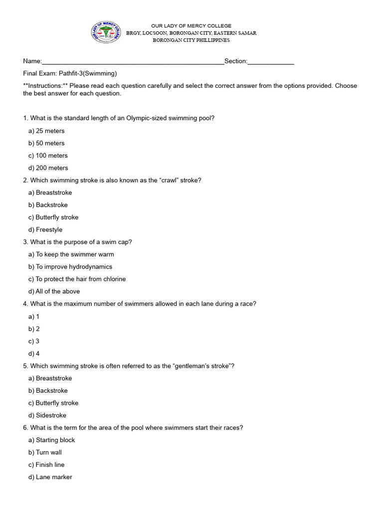 Final Exam: Swimming Knowledge Test | PDF | Swimming (Sport) | Swimming
