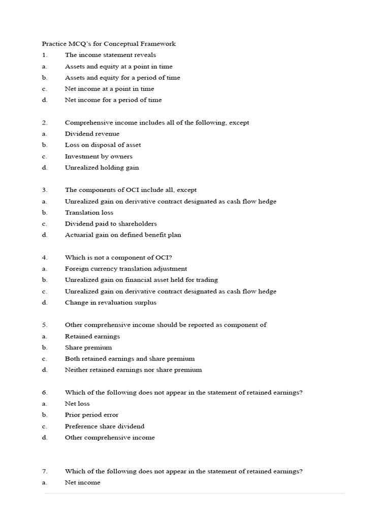 Conceptual Framework MCQ Practice | PDF | Balance Sheet | Retained Earnings