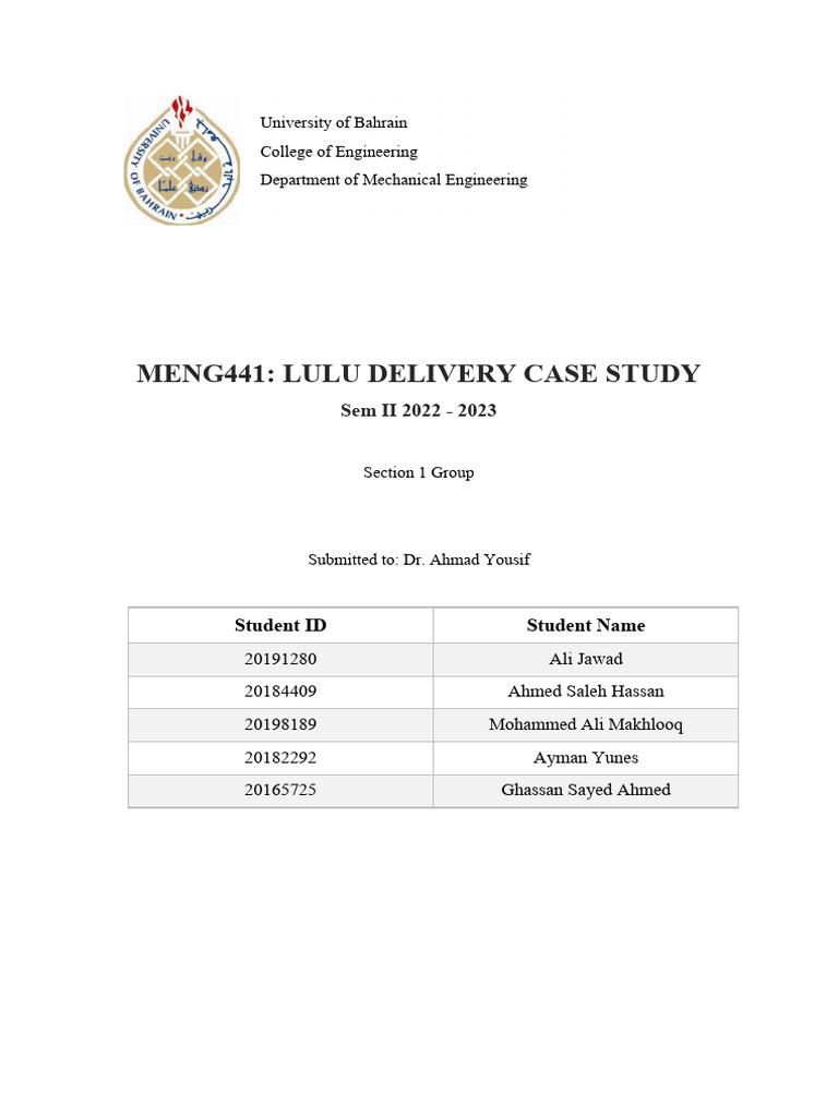 Meng441: Lulu Delivery Case Study: University of Bahrain College of Engineering Department of ...