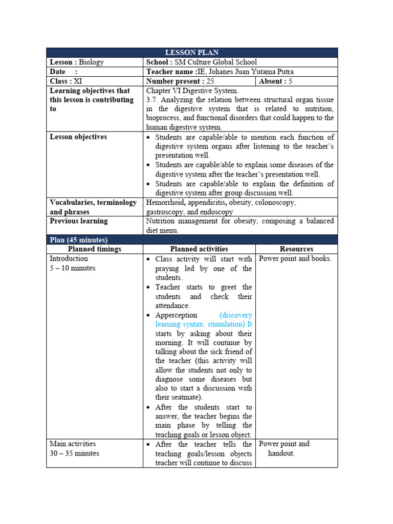Lesson or Teaching Plan Digestive System (Indonesian Curriculum) - Juan ...